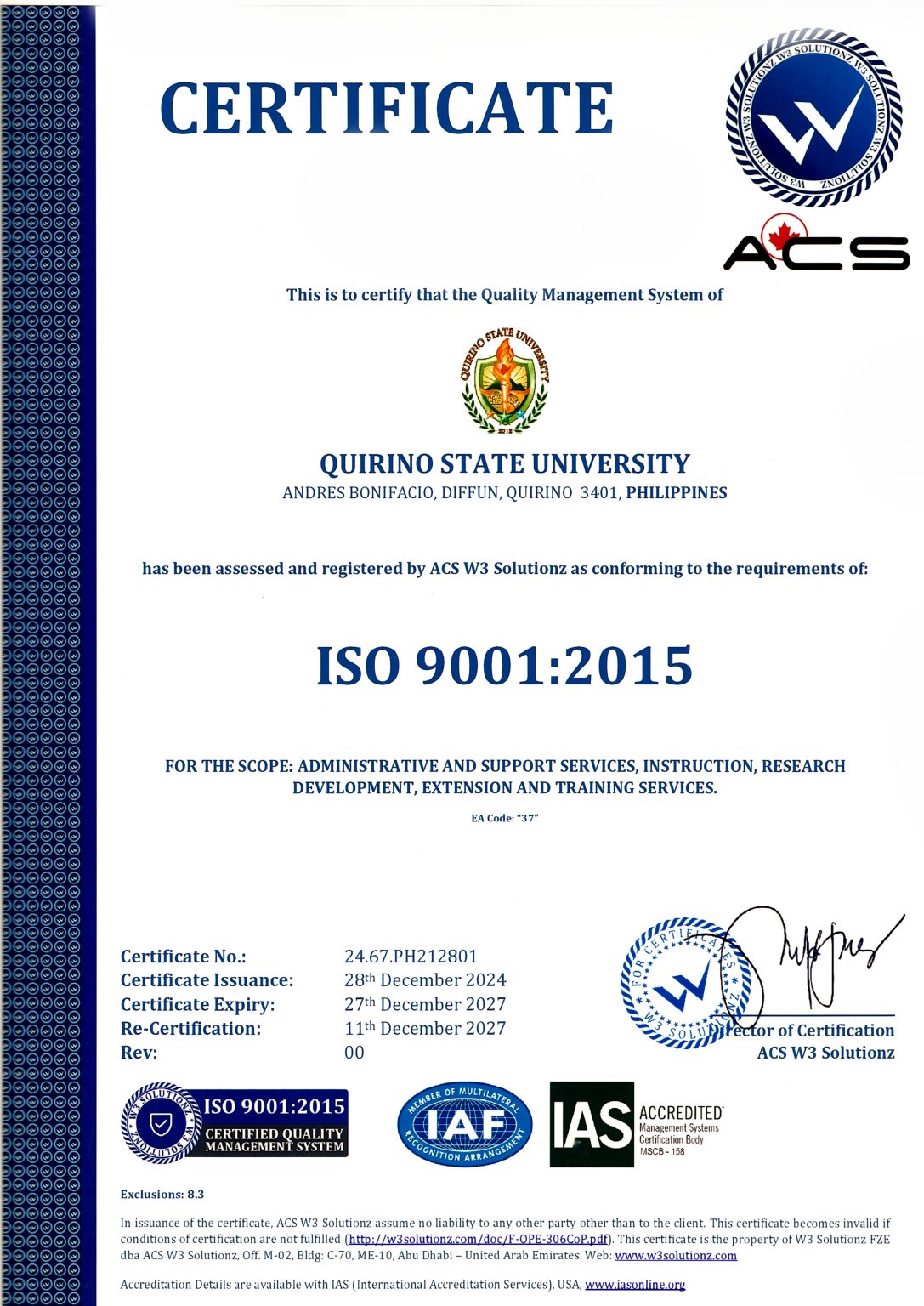 ISO Certificate 2024-2027 | Quirino State University